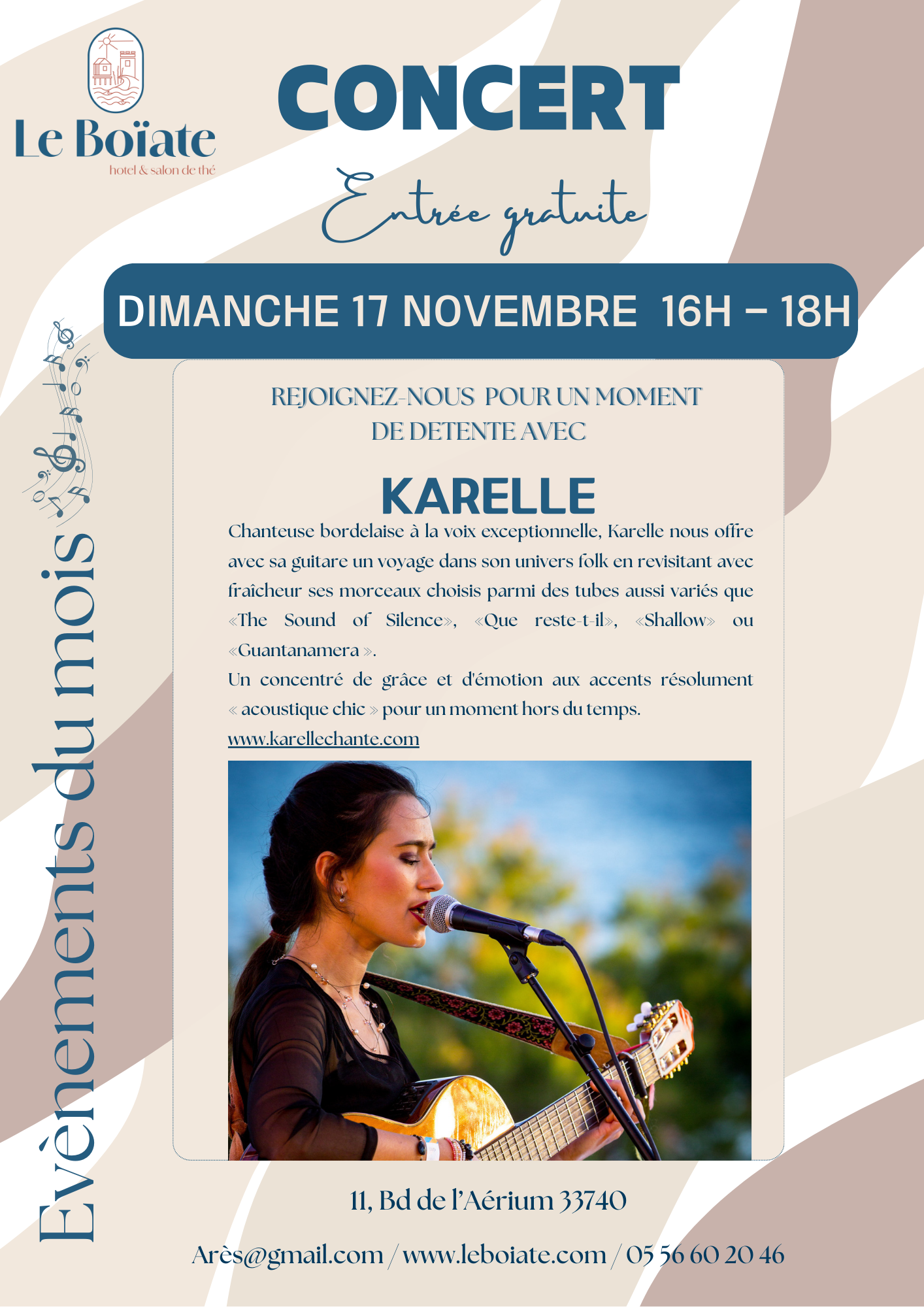 Concert à l'hôtel le Boïate - Karelle. Hotel / Salon de thé à Arès